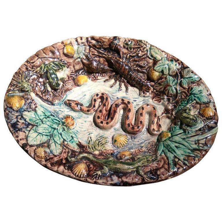19th Century A.Landais- French Palissy Ware with Snake For Sale at 1stDibs