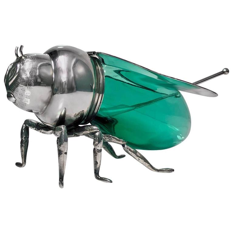 Silver Green Glass Bee Honey Pot, circa 1930 at 1stDibs | green glass pot