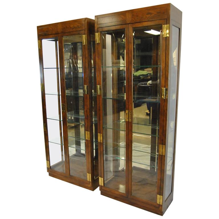 Pair of Campaign Style Display Cabinets by Henredon at 1stDibs