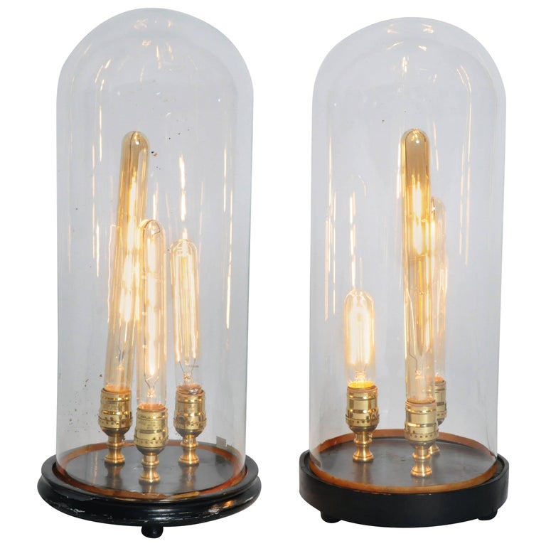 Glass Dome Lights with Wooden Base at 1stDibs