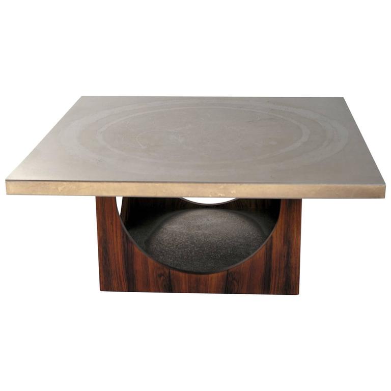 Kelbeck Hans Table in Metal Etched and Mahogany, Belgium, 1970 at 1stDibs