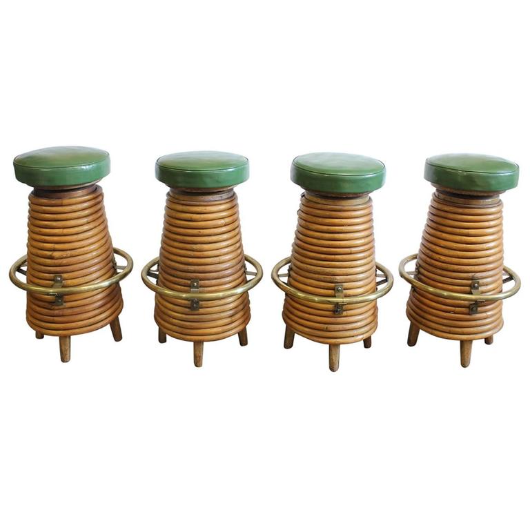 Mid-Century Bamboo and Brass Bar Stools at 1stDibs