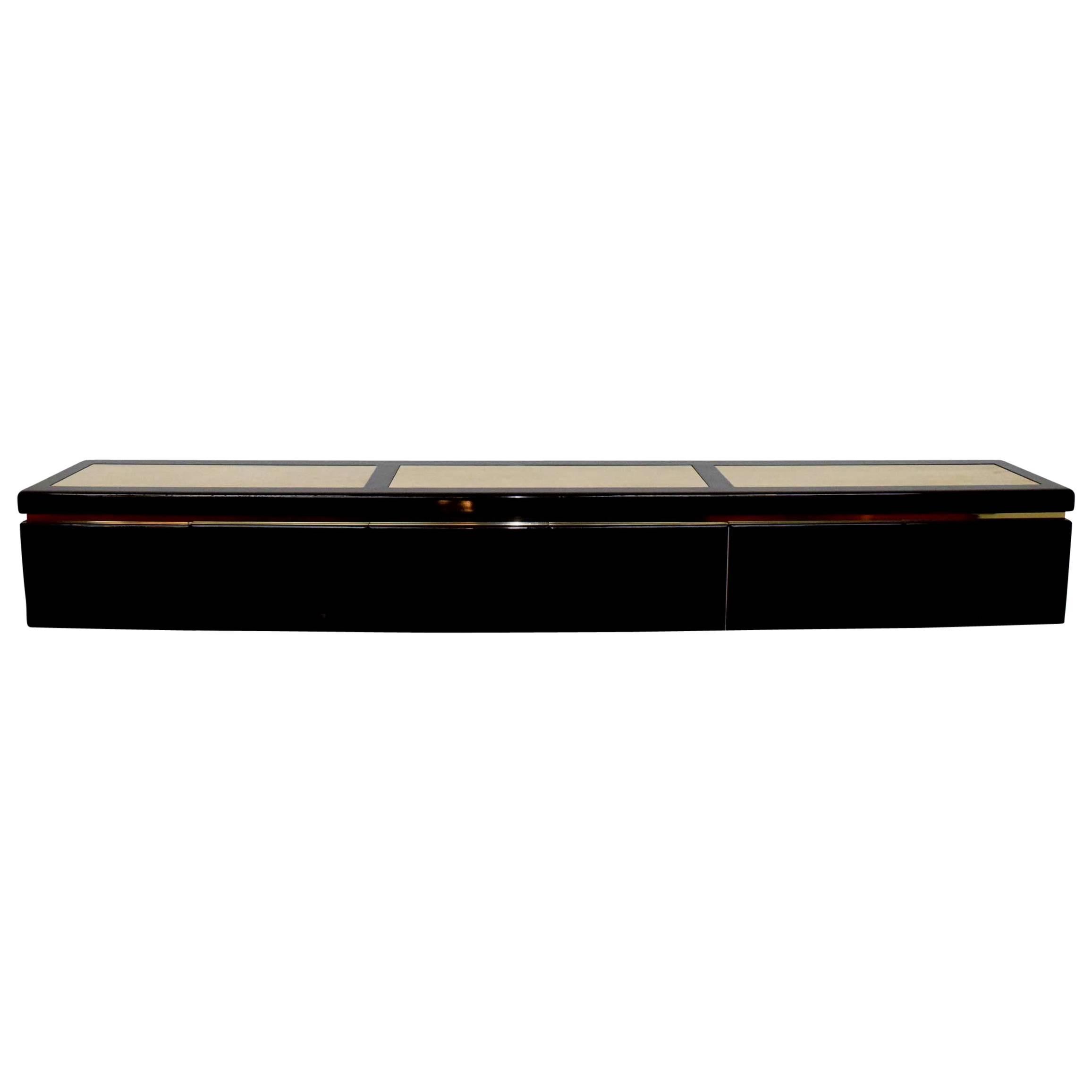 Very Large Custom Wall Hung Console in Black Lacquer and Travertine For ...