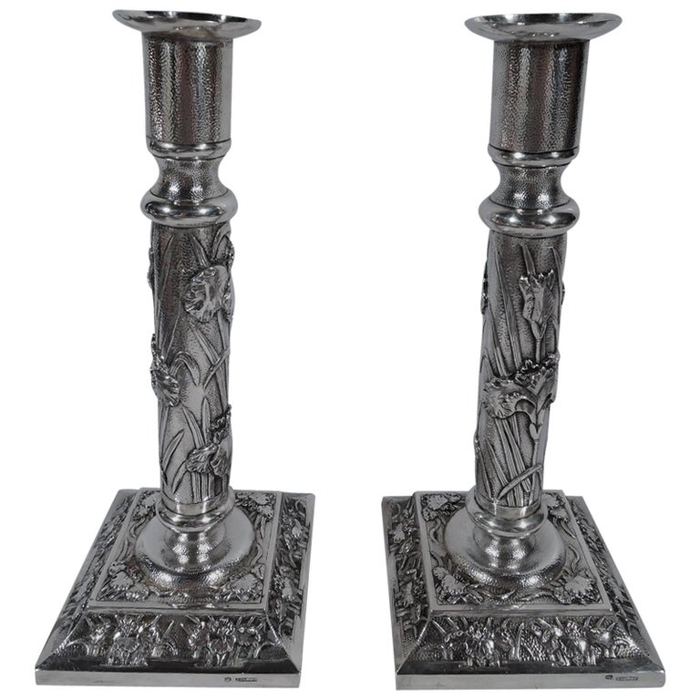 Pair of Beautiful Chinese Export Silver Candlesticks For Sale at 1stDibs