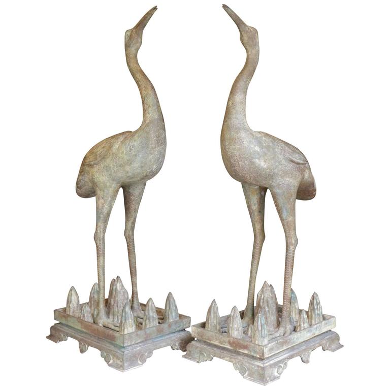 Pair of Chinese Bronze Cranes at 1stDibs