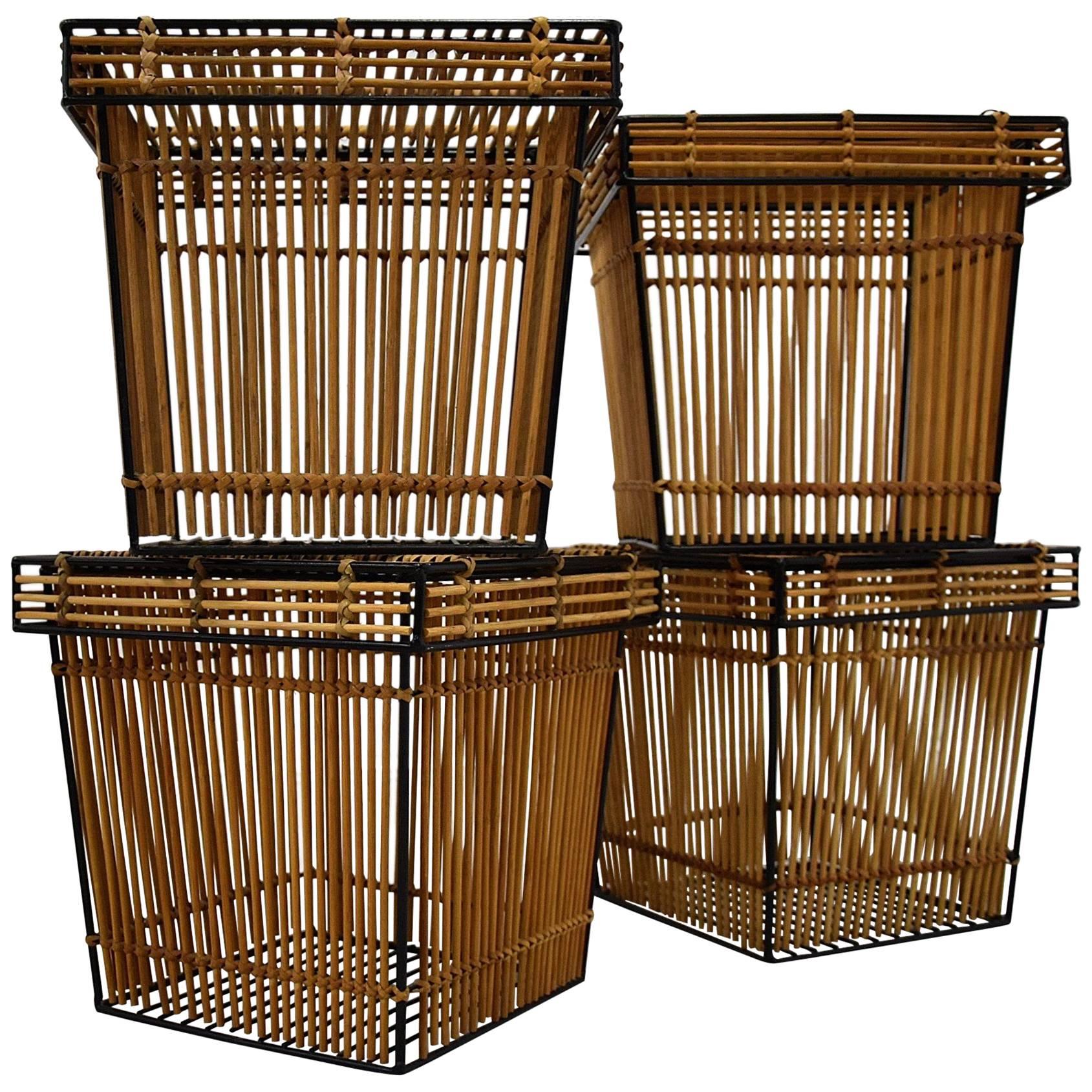 Mid century Modern Wicker and Steel Baskets For Sale at 1stDibs