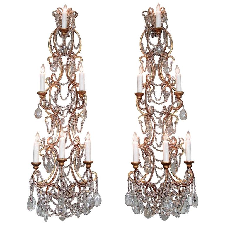 Monumental Pair of 20th Century Italian Piedmont Crystal and Gilt Tole ...