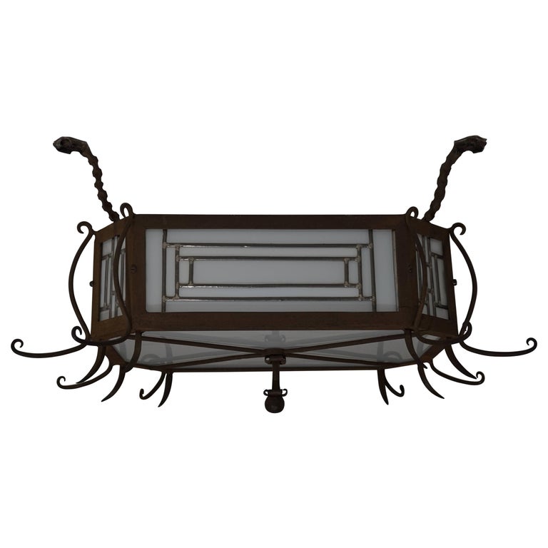 Art Deco Wrought Iron and White Stained Leaded Glass Flush Mount ...