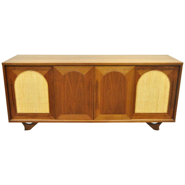 Vintage Mid-Century Danish Modern Walnut Arch Cane Sliding Door ...