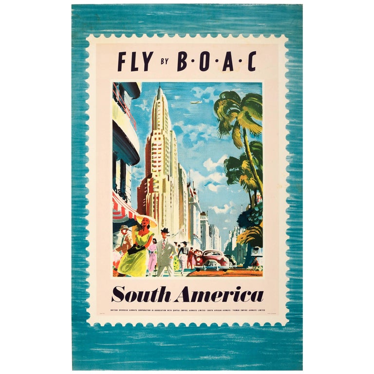 Original Vintage Travel Advertising Poster, "Fly by BOAC, South America ...