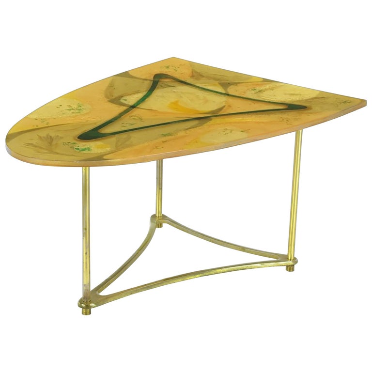 Demi-Ellipse Abstract Cast Resin and Brass Side Table For Sale at 1stDibs