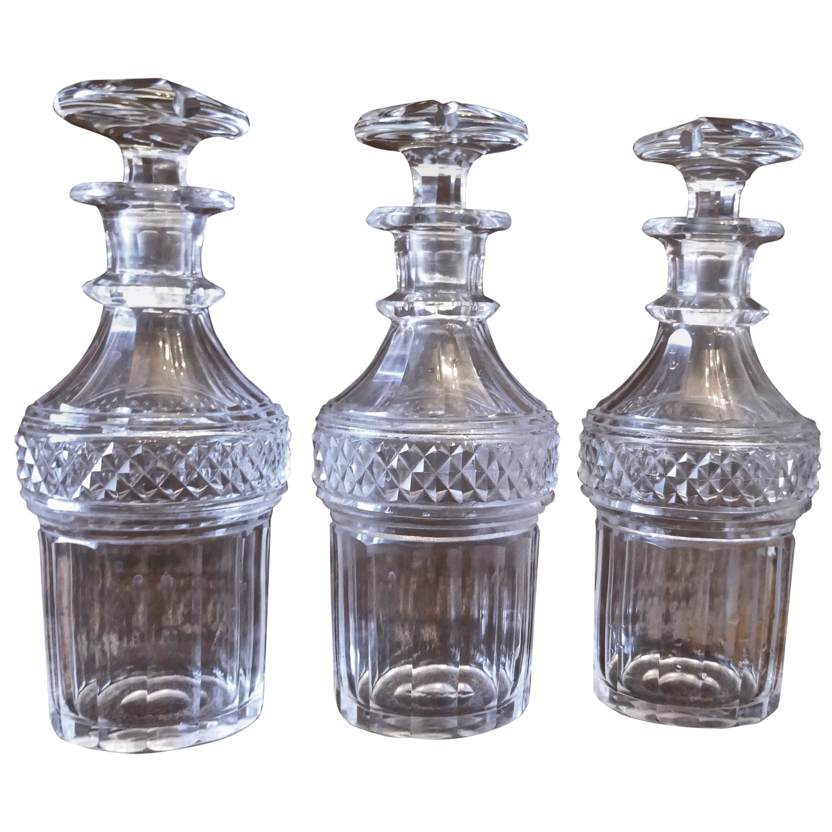 Set of Three Cut and Etched Glass Decanters with Sterling Silver Tops ...