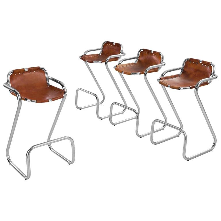 Set of Four Tubular Bar Stools with Original Leather at 1stDibs