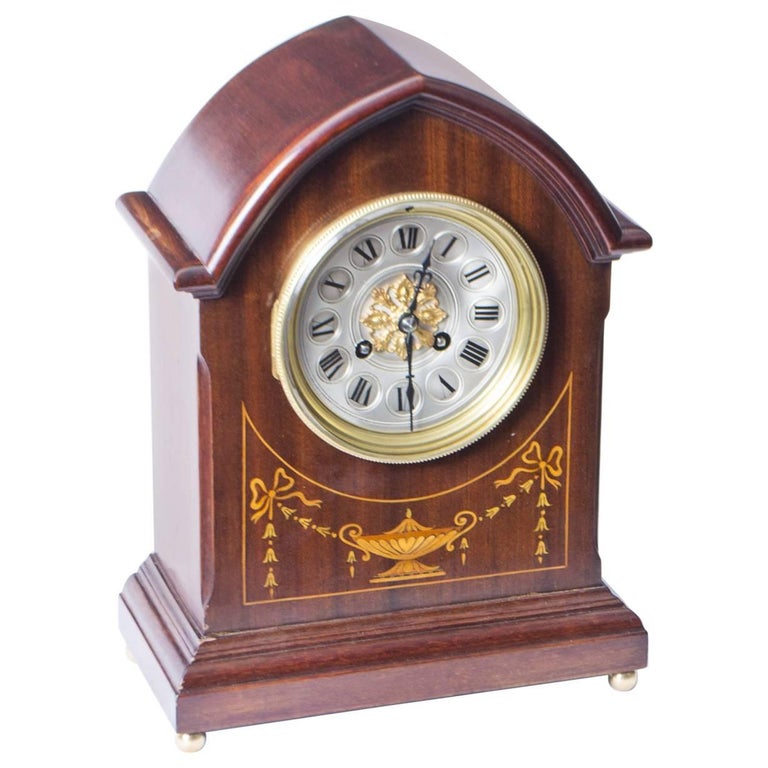 Early 20th Century French Marquetry Mahogany Mantle Clock at 1stDibs