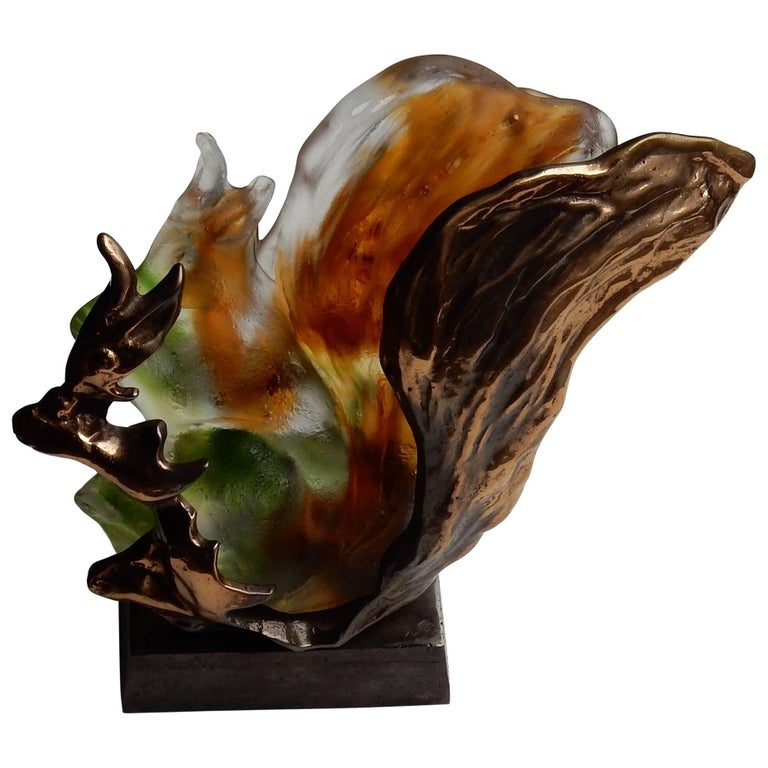 1970-1980 Bronze and Pate De Verre Chipmunk Lamp, Signed Lohe at 1stDibs
