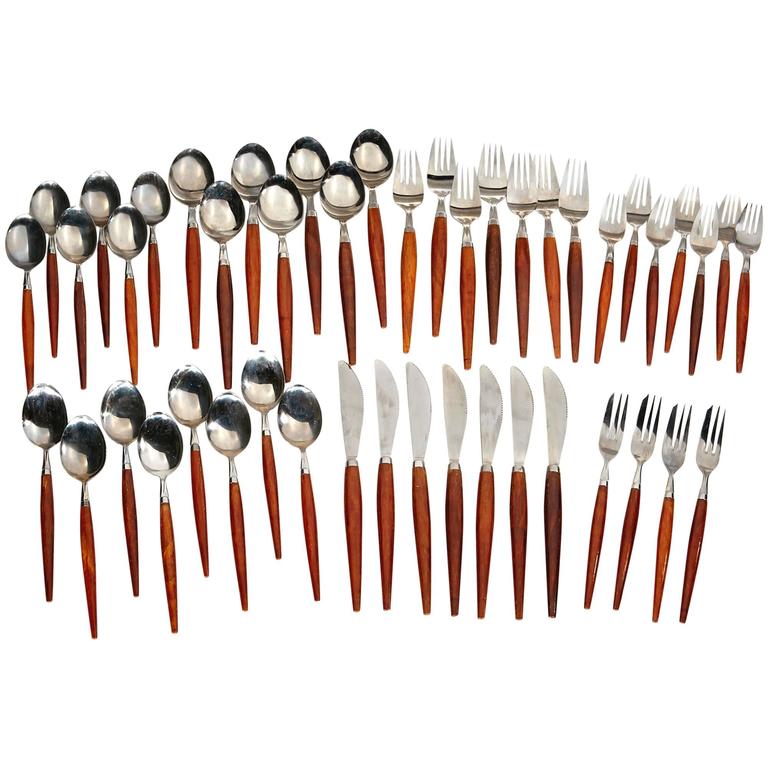 Holland Stainless Steel and Teak Handled Flatware, 46 Pcs at 1stDibs