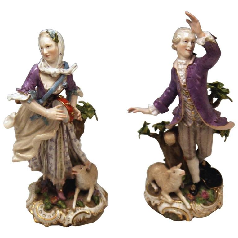 Meissen Pair of Shepherd Figurines Man and Woman with Sheep C.Punct ...