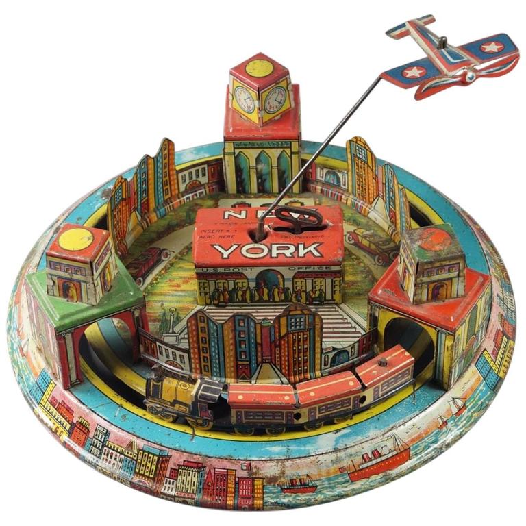 Art Deco Louis Marx Wind Up Toy Tin Plane, Train, New York Skyline ...