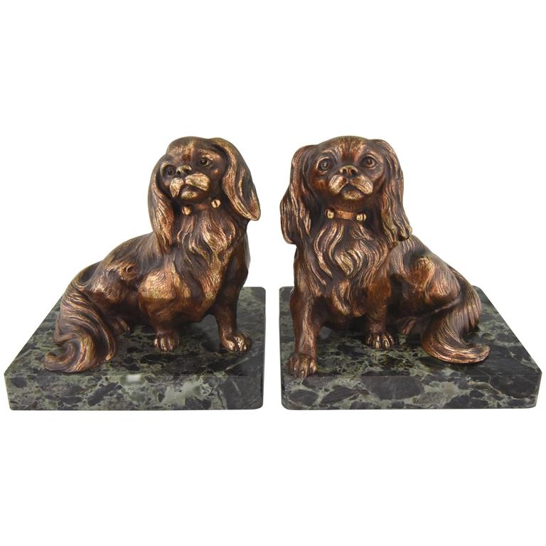 French Art Deco Bronze King Charles Spaniel Dog Bookends by Louis ...