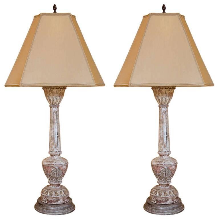 Pair of Carved and Painted Wooden Italian Lamps For Sale at 1stDibs