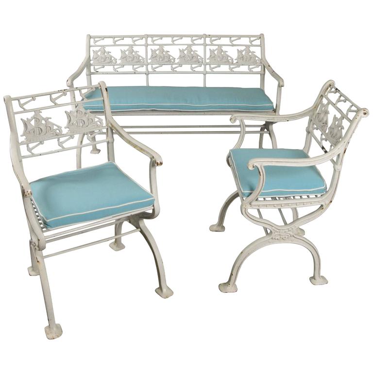 Rare Antique Cast Iron Ship and Anchor Bench and Pair of Chairs For ...