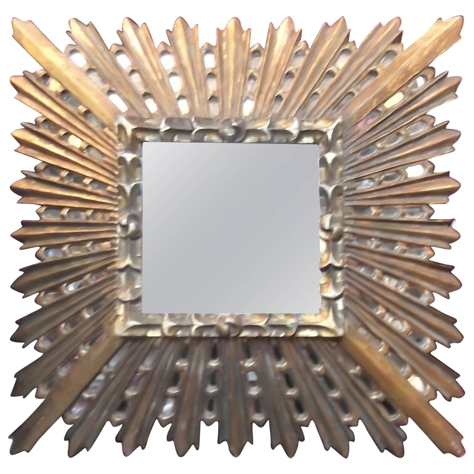 Unique Square Sunburst Giltwood Mirror For Sale at 1stDibs