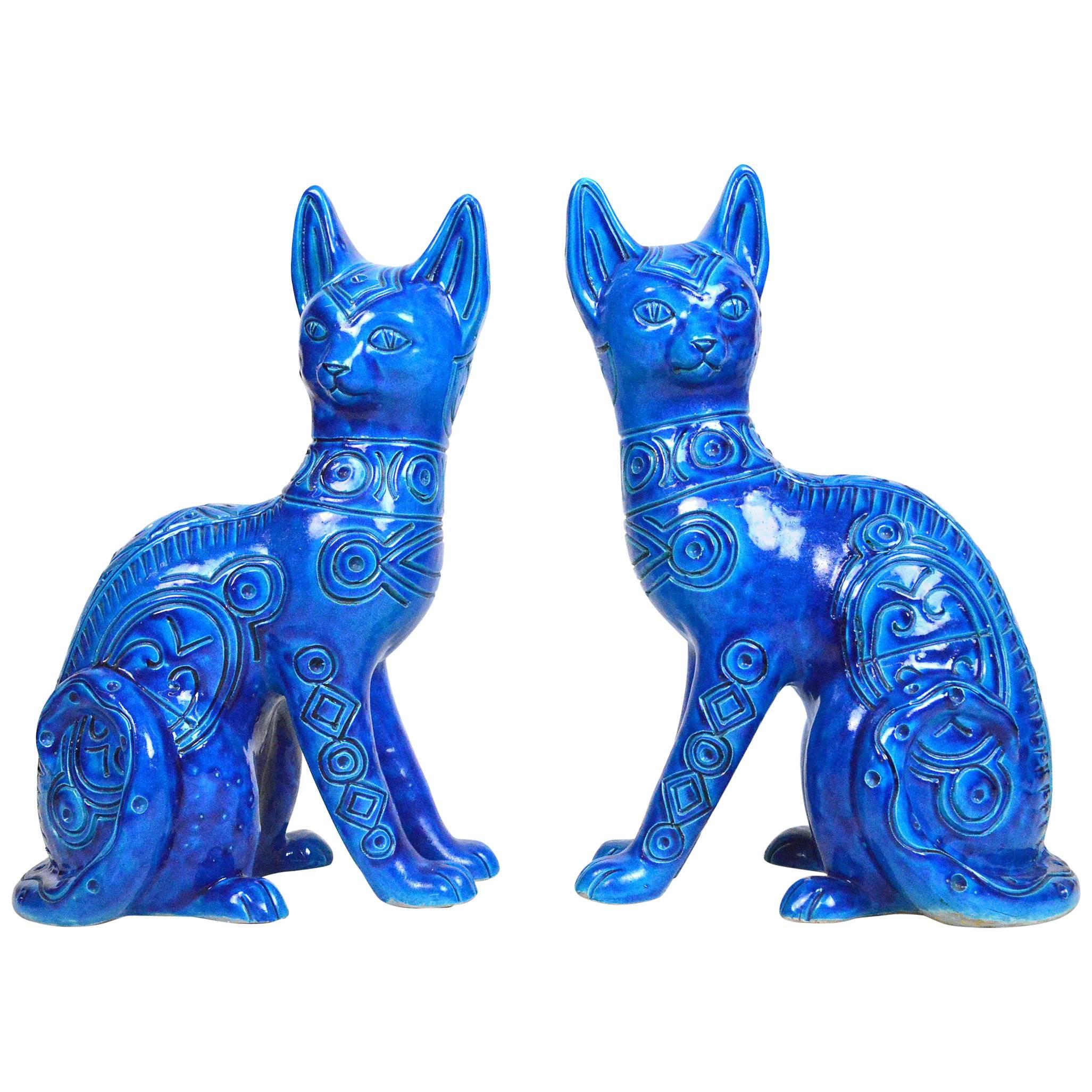Pair of Mid-Century Large Italian Cobalt Glazed Pottery Cats at 1stDibs