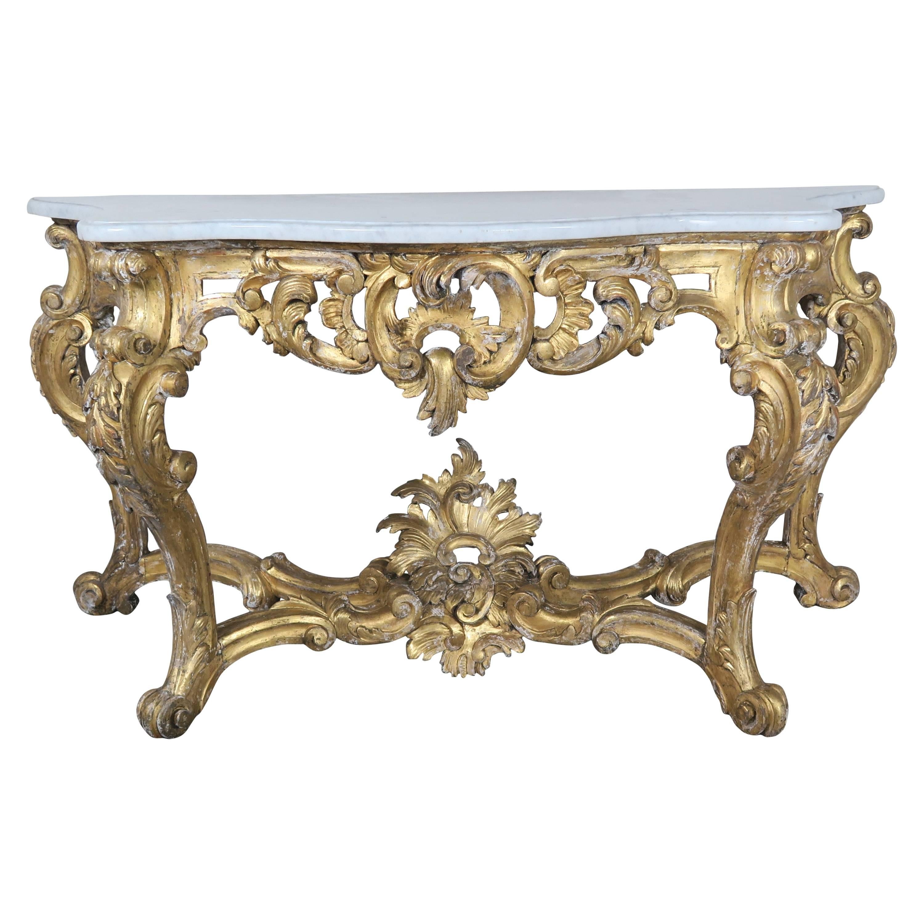 19th Century French Rococo Style Giltwood Console with Carrara Marble ...