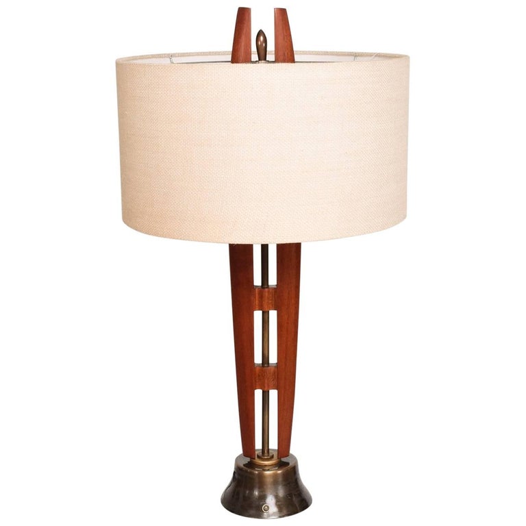 Mexican Modernist Table Lamp Mahogany and Brass For Sale at 1stDibs