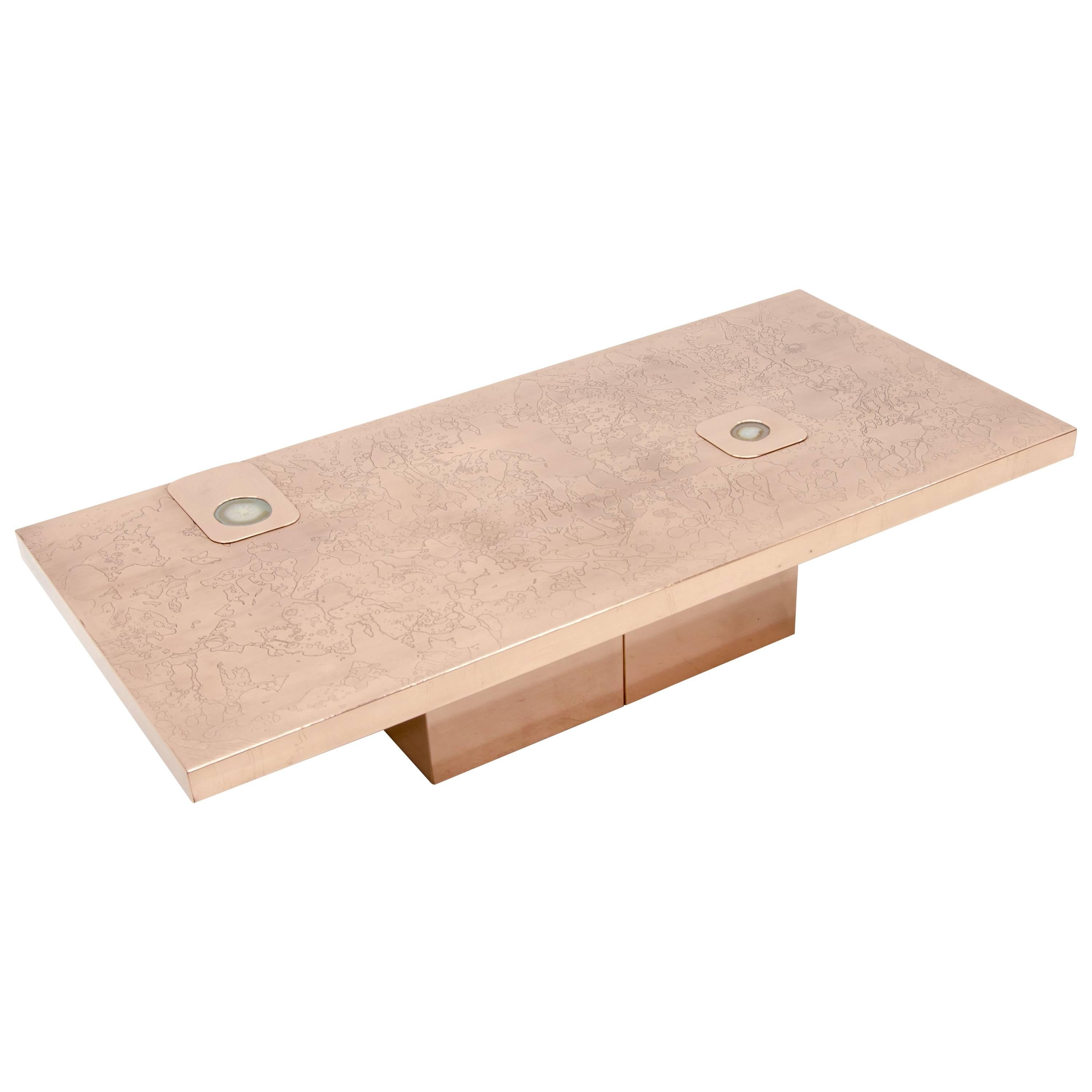 Etched Red Copper Coffee Table Inlay Agate For Sale at 1stDibs