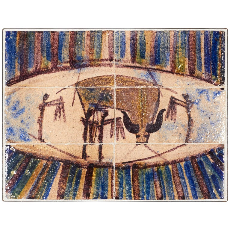 Primitive Abstract Glazed Tile Wall Panel with Bull at 1stDibs