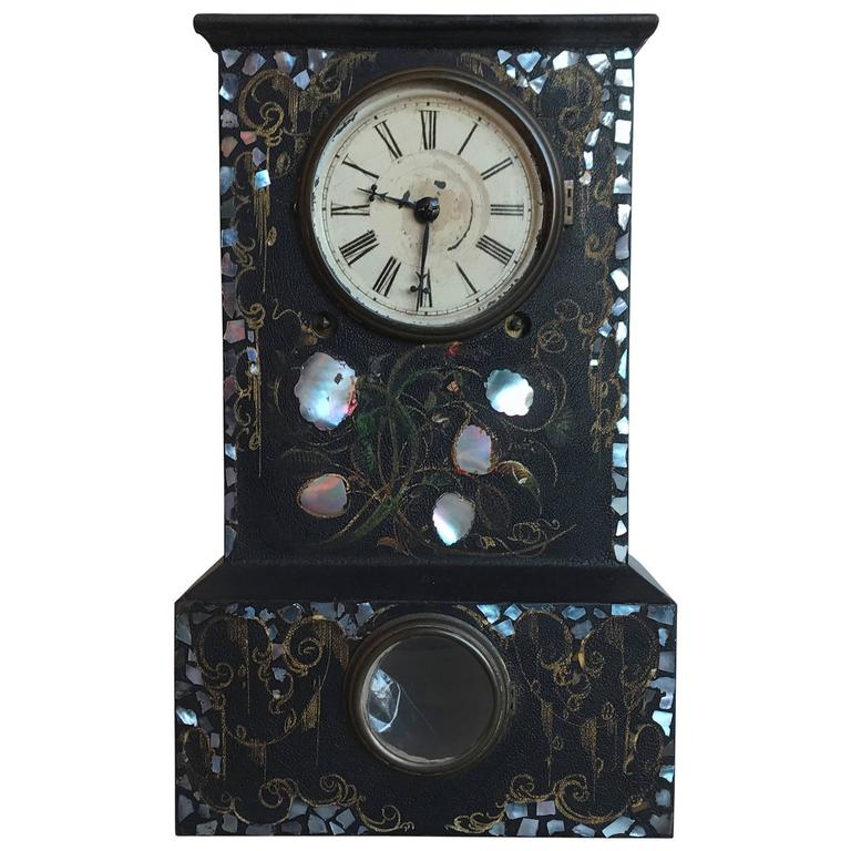 19th Century Iron Clock with Mother-of-Pearl Inlay For Sale at 1stdibs