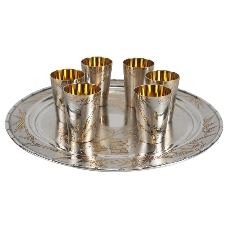 Japanese Gilt 800 Solid Silver Sake Tray and Cups For Sale at 1stDibs