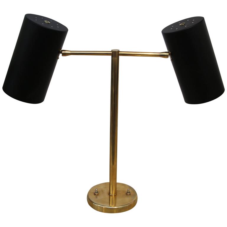 Nice Two Headed Brass Lamp with Black Accent Shades at 1stDibs