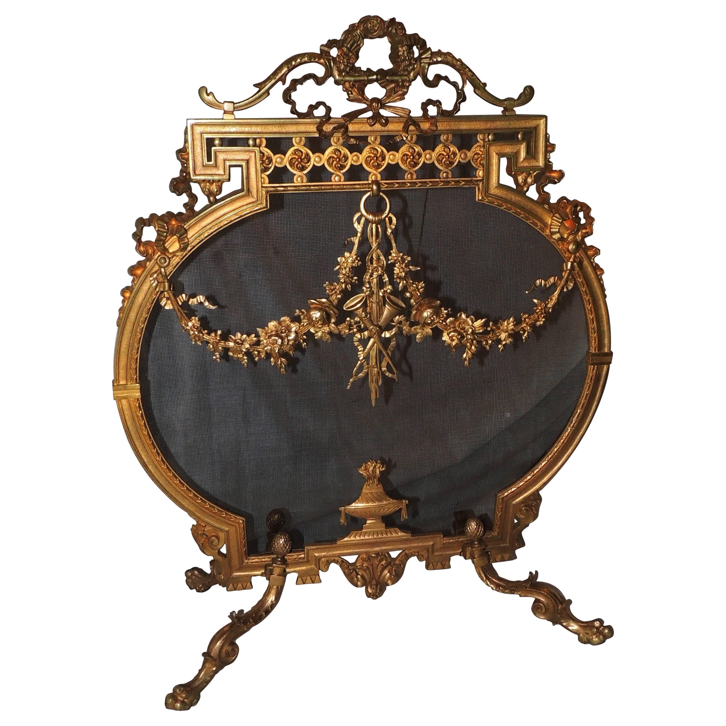 Wonderful French Doré Bronze Fireplace Screen with Ribbons Medallion ...