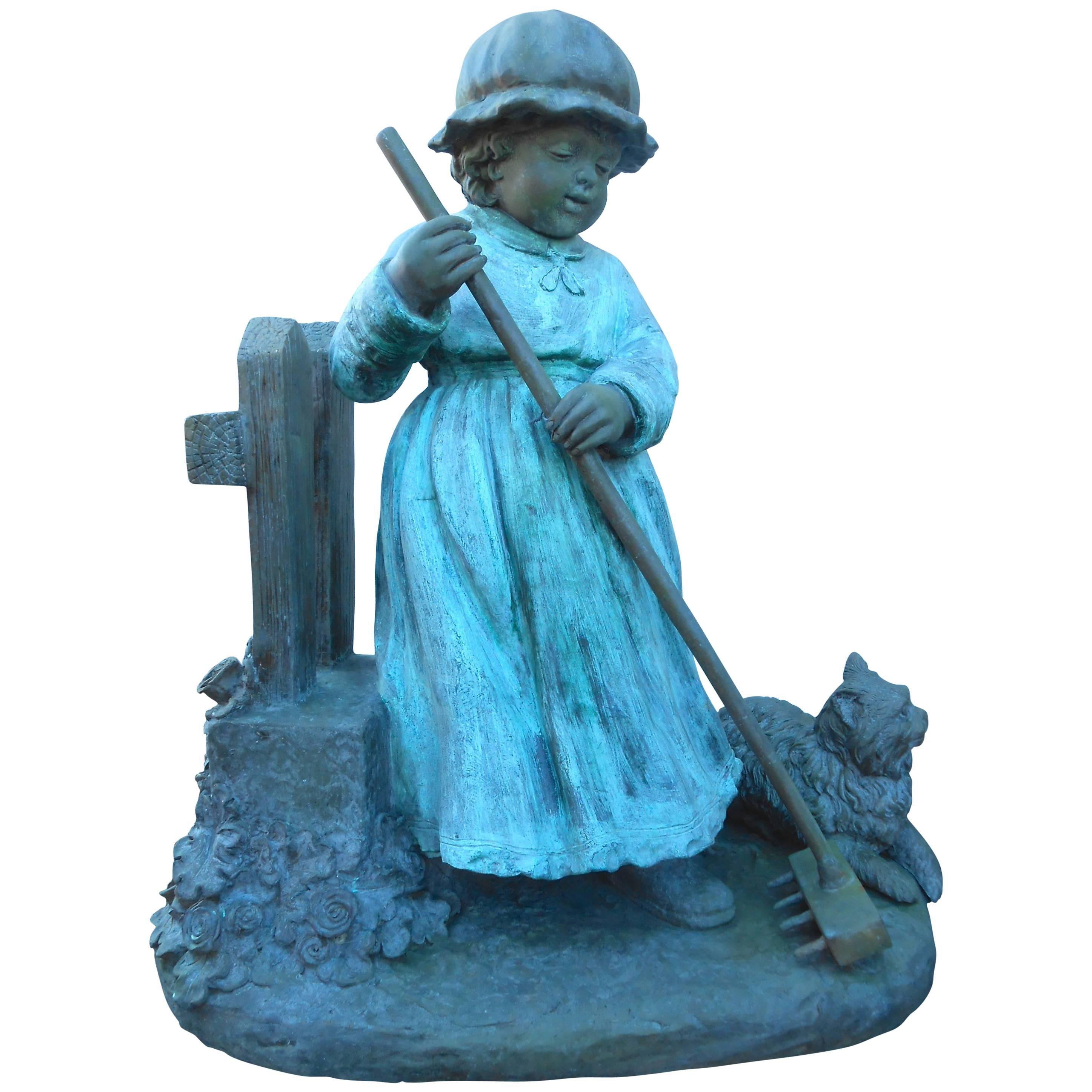 Whimsical Bronze Garden Statue of Woman with Cat For Sale at 1stDibs