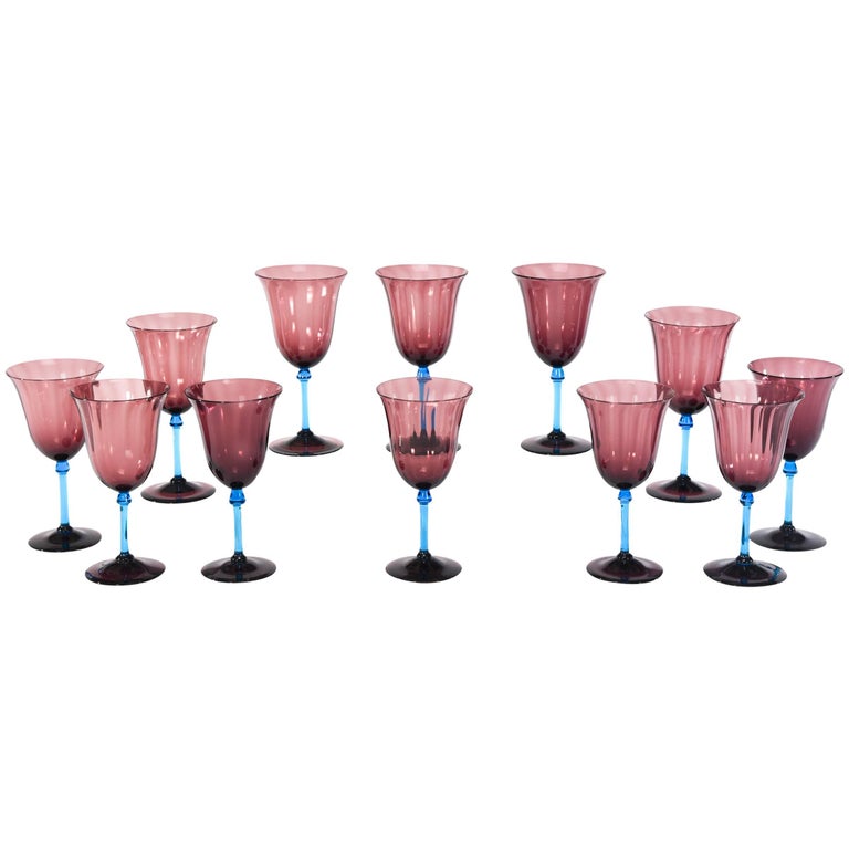 Set of 12 Steuben Handblown Optic Ribbed Amethyst Goblets with Celeste ...
