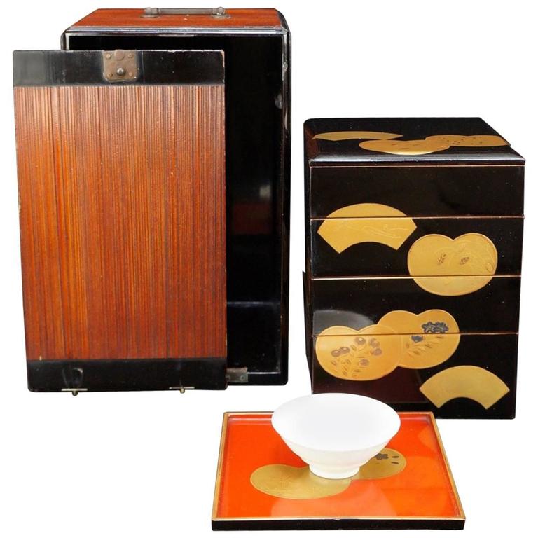 Japanese Fine Antique Hand Lacquered Complete Bento Food Box, Early ...