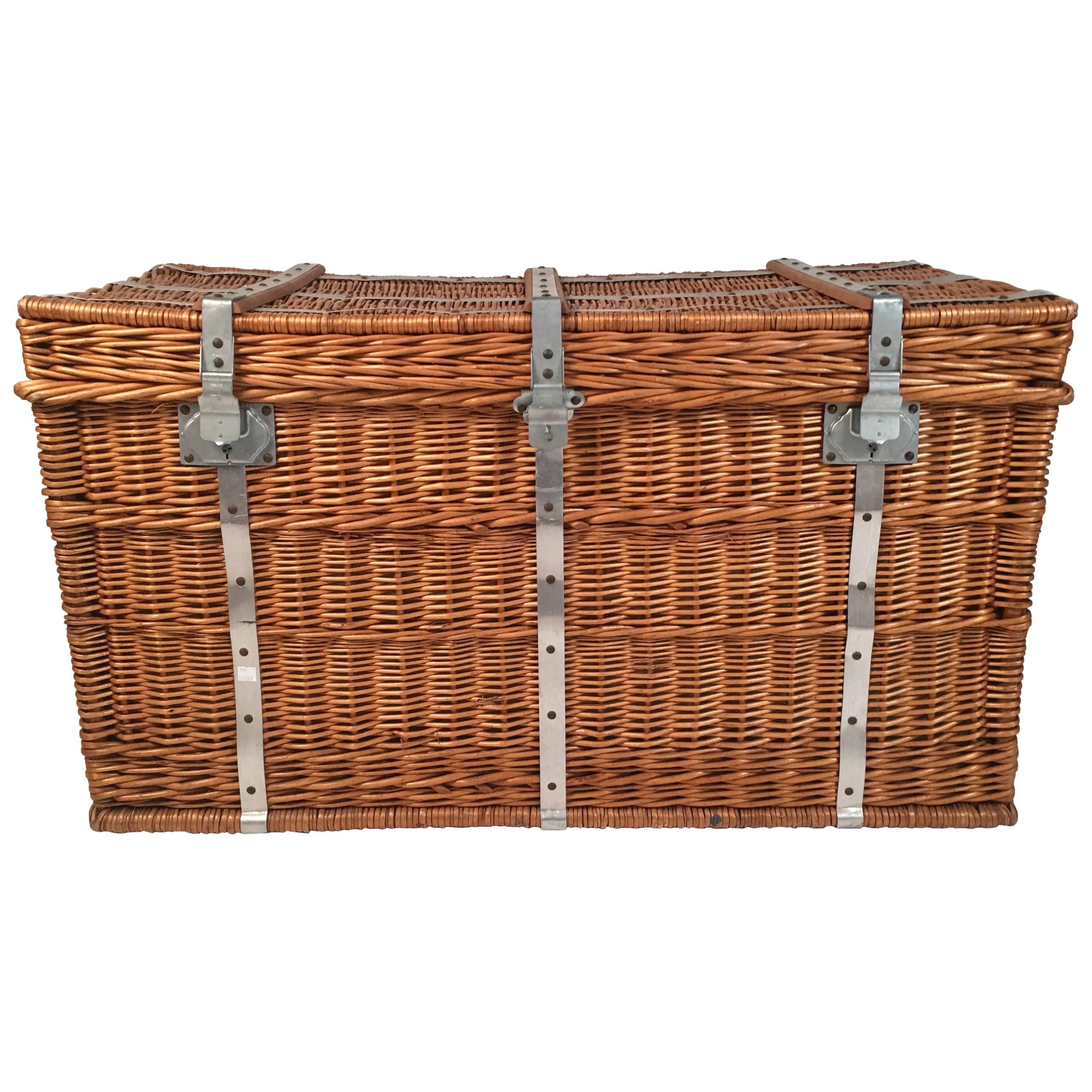 French Lined Wicker Trunk, Hamper or Coffee Table at 1stDibs