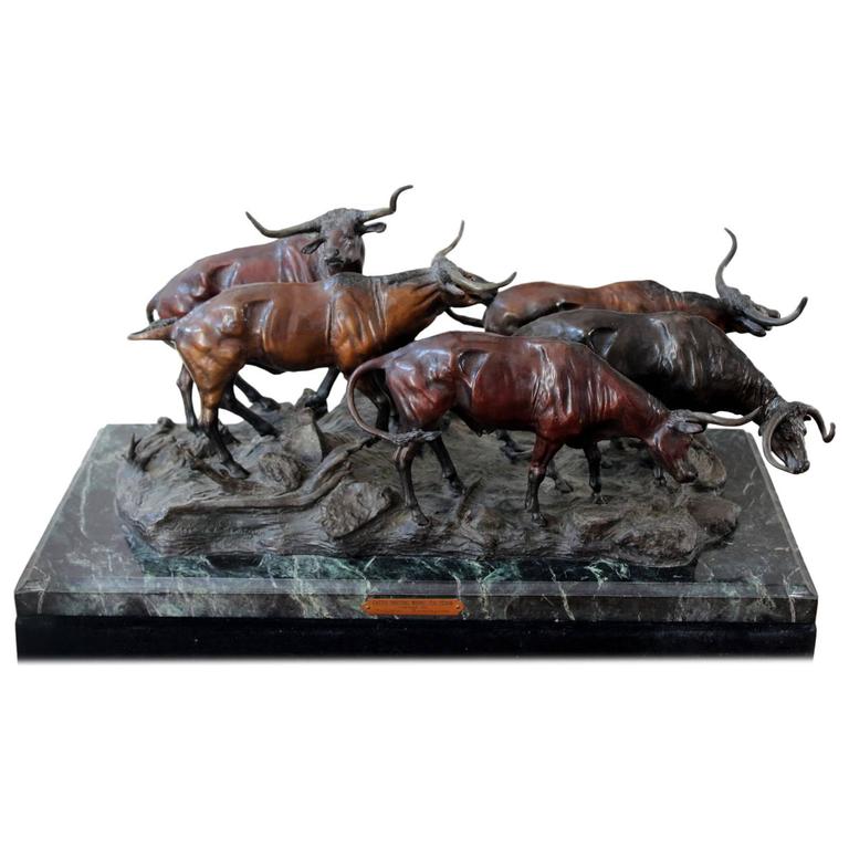 Scarce "Herd of Cattle" Bronze by Roy Harris Inspired by Remington at ...