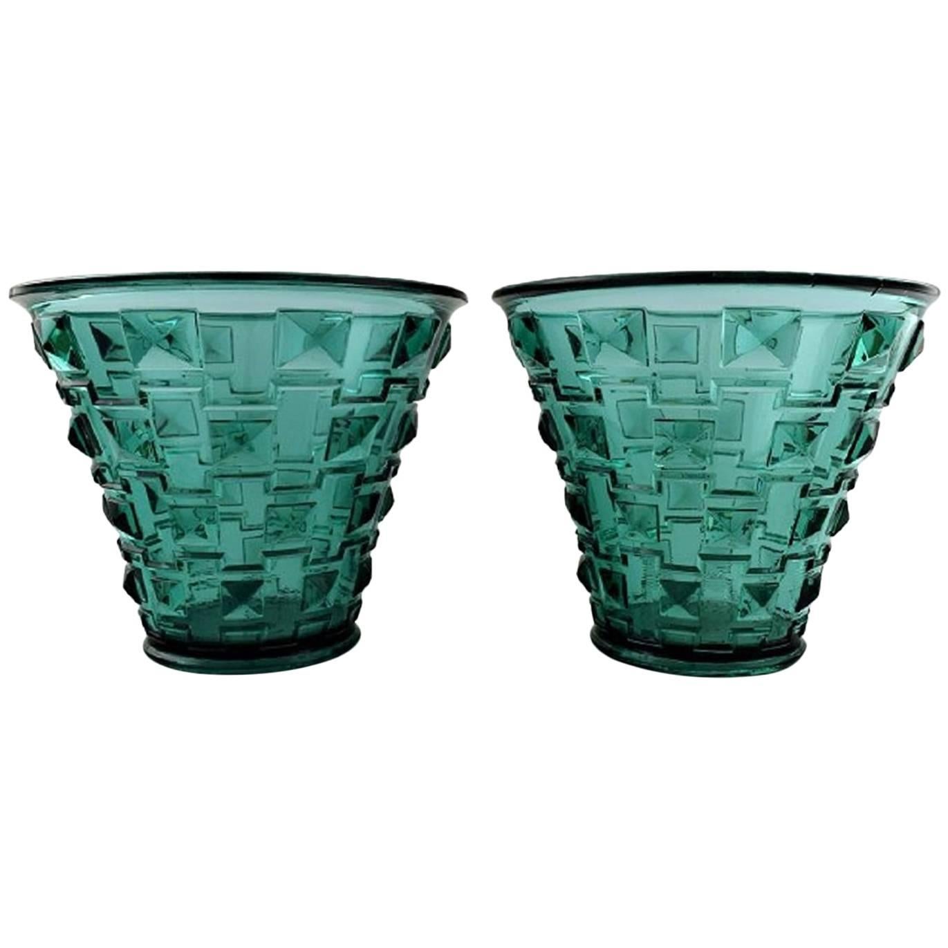 Simon Gate for Orrefors, a Pair of Green Art Deco Art Glass Vases at ...
