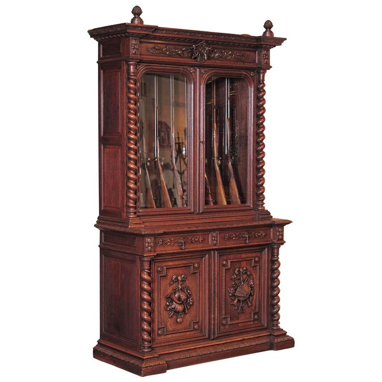 19th Century French Carved Oak Eight-Gun Display Cabinet with Hunt ...