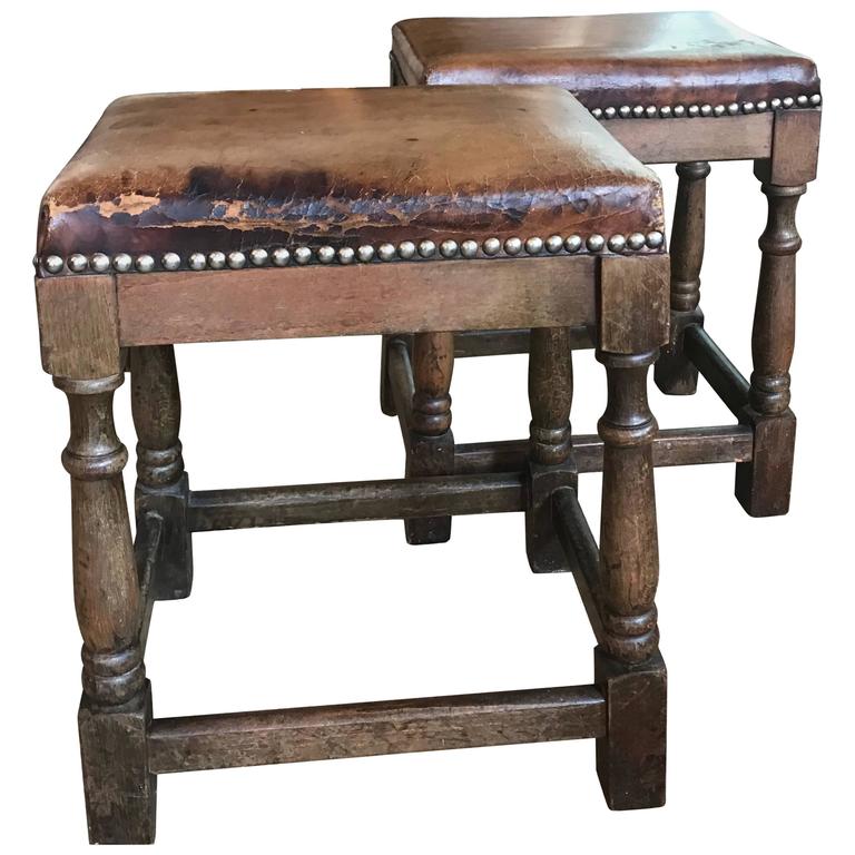 Pair of English Leather Top Low Stools at 1stDibs