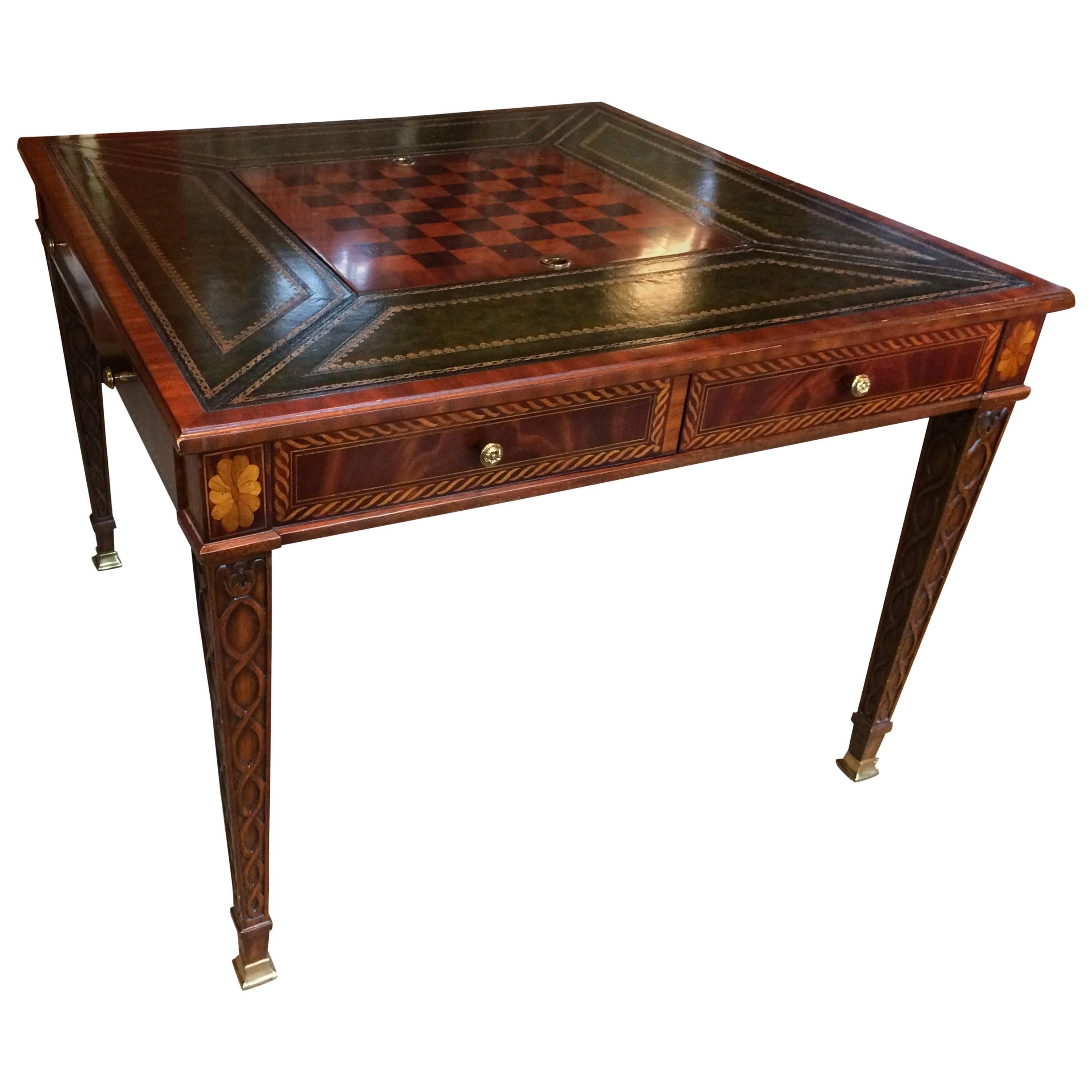 Gorgeous Inlaid and Tooled Leather Game Table at 1stDibs