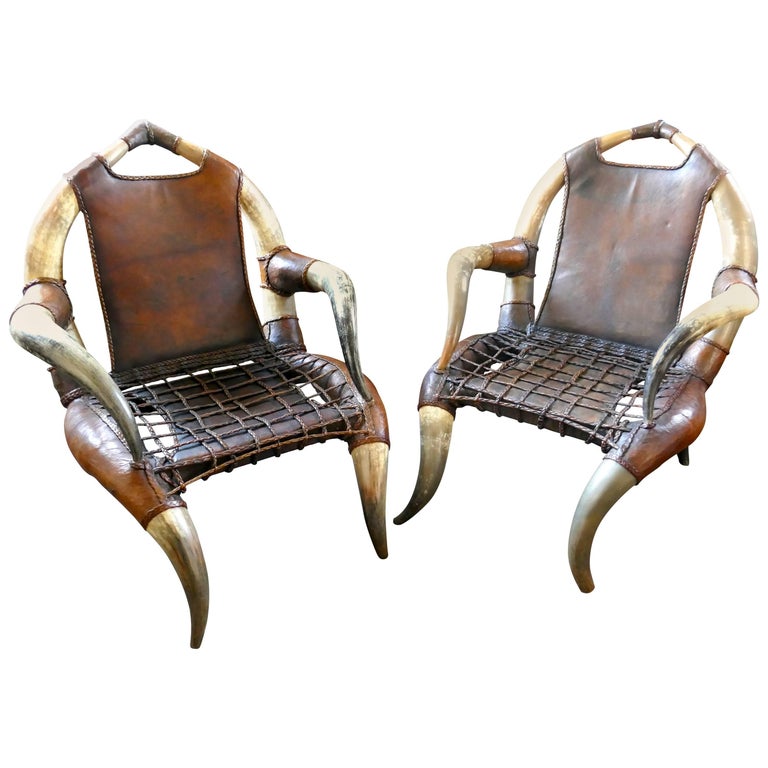 Pair of Antique African Large Bull or Cow Horn Leather Armchairs at 1stDibs
