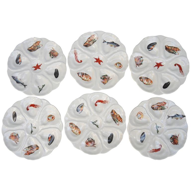 Fish Set Including a Large Platter and Six 1960s French Porcelain ...
