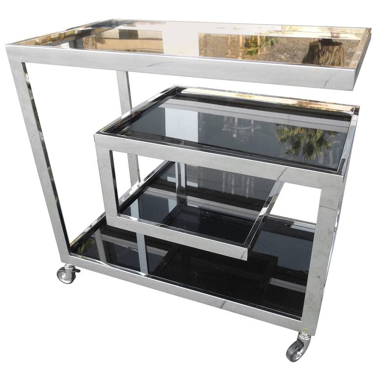 Modern and Chic Chrome and Glass Bar Cart on Wheels at 1stDibs