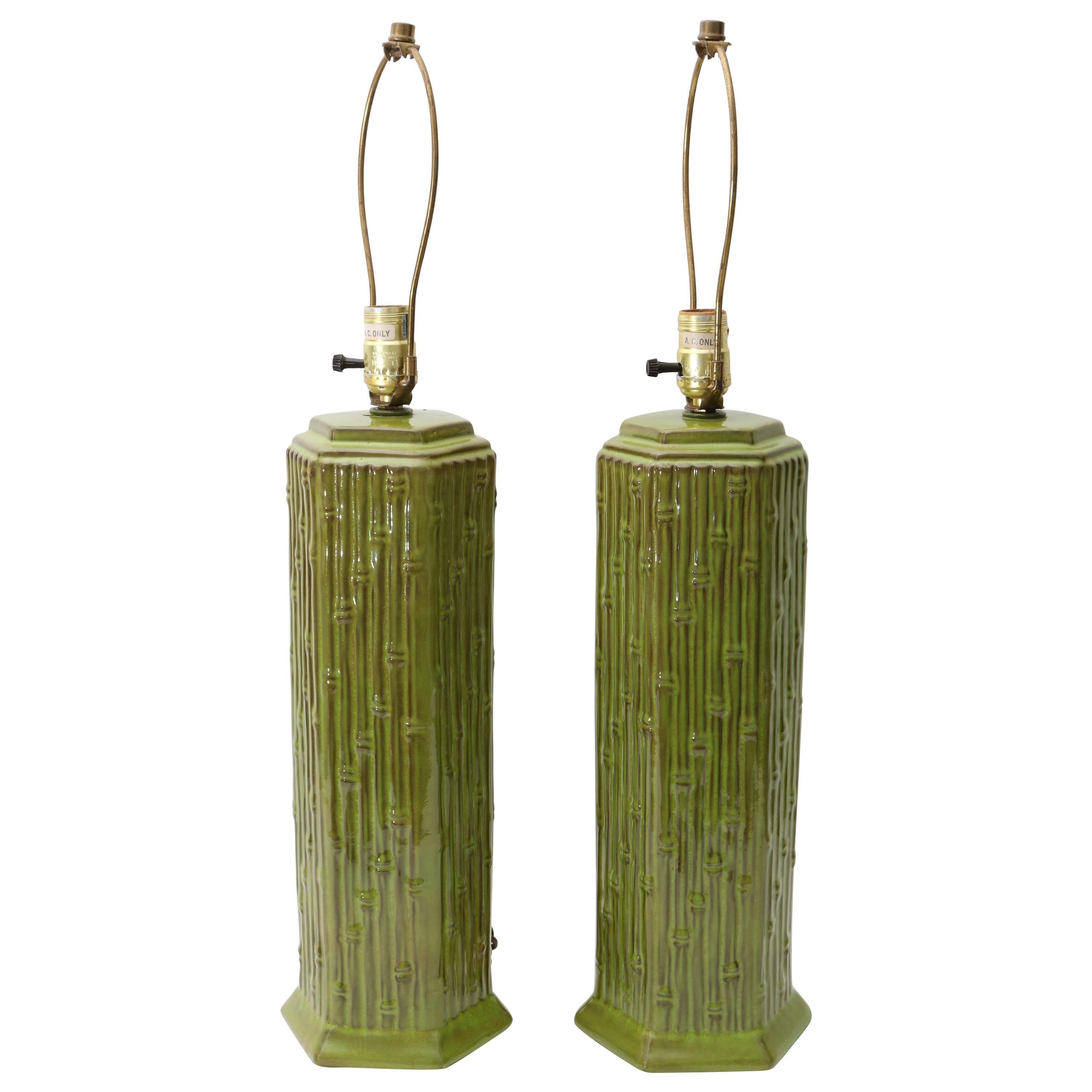 Pair of Mid-Century Green Glazed Ceramic Bamboo Motif Table Lamps at ...