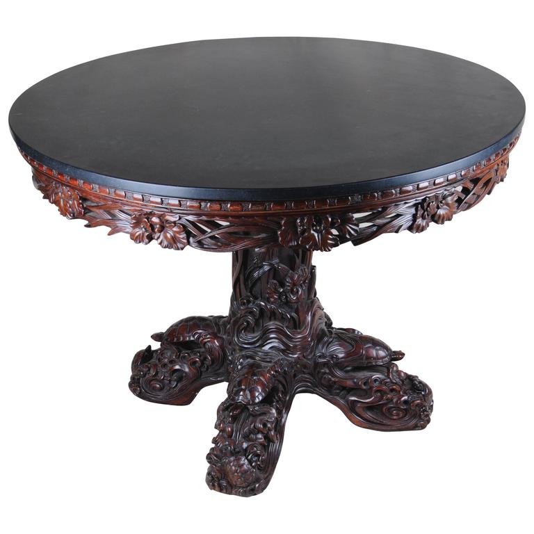 Meiji Period Japanese Antique Carved Turtles and Iris Table at 1stDibs