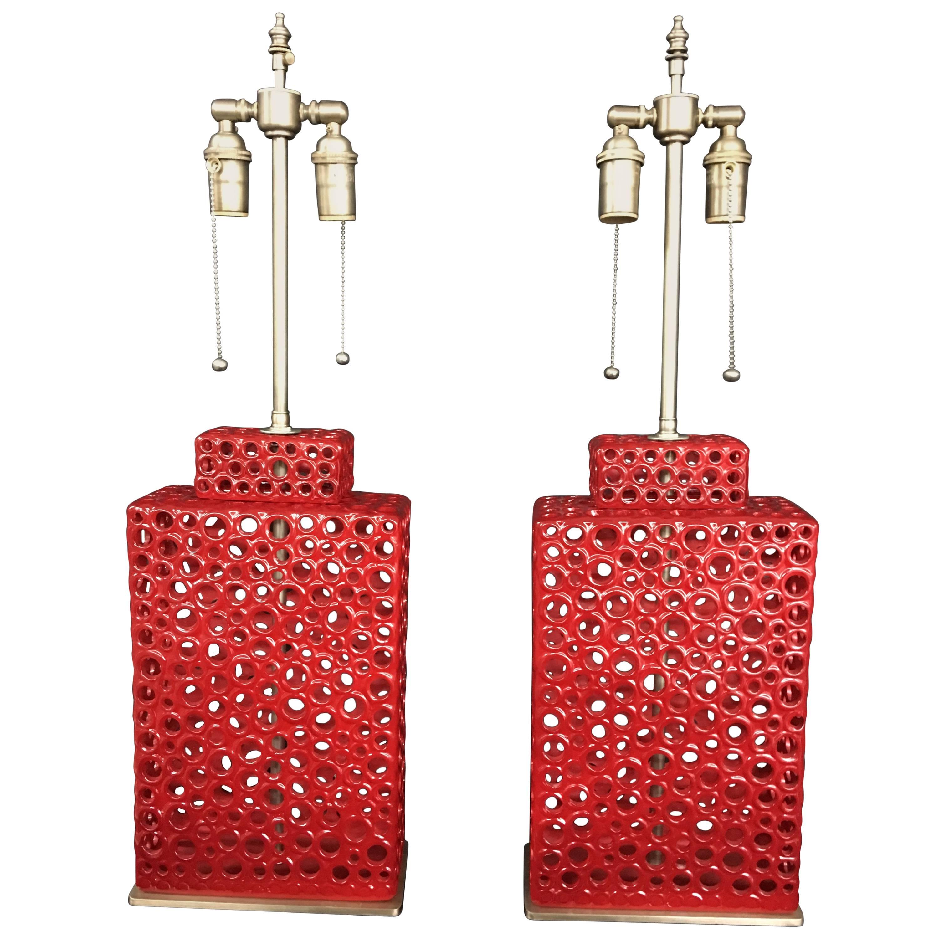 Unique Pair of Red Ceramic Vessels with Lamp Application at 1stDibs